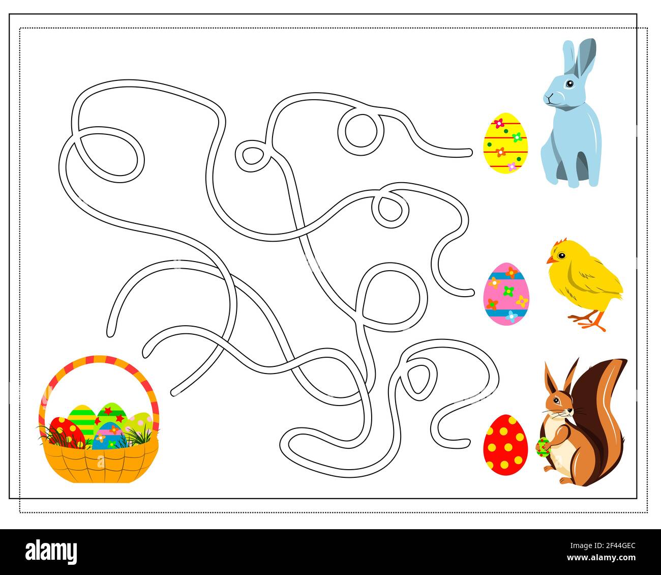 The game is a maze, Easter eggs. Easter bunny, squirrel, chicken ...