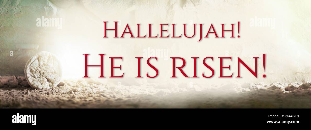 Stone is rolled away from empty grave on Easter morning. Jesus Christ ...