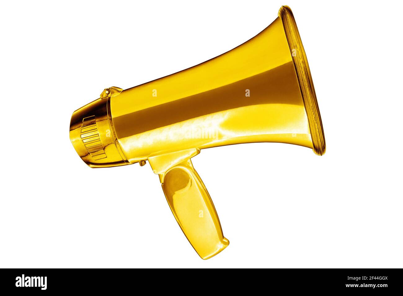 Golden megaphone white background isolated closeup, gold metal ...