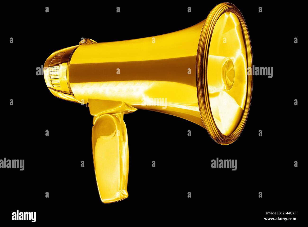 Golden megaphone black background isolated closeup, gold metal ...