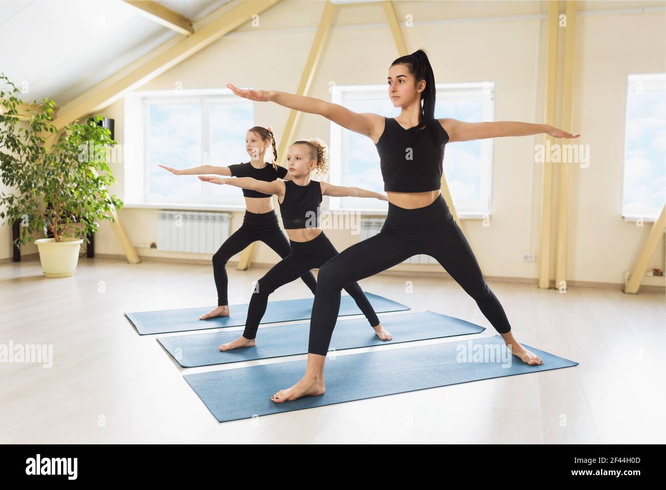 Beautiful woman practicing yoga, conducting a training session with two ...