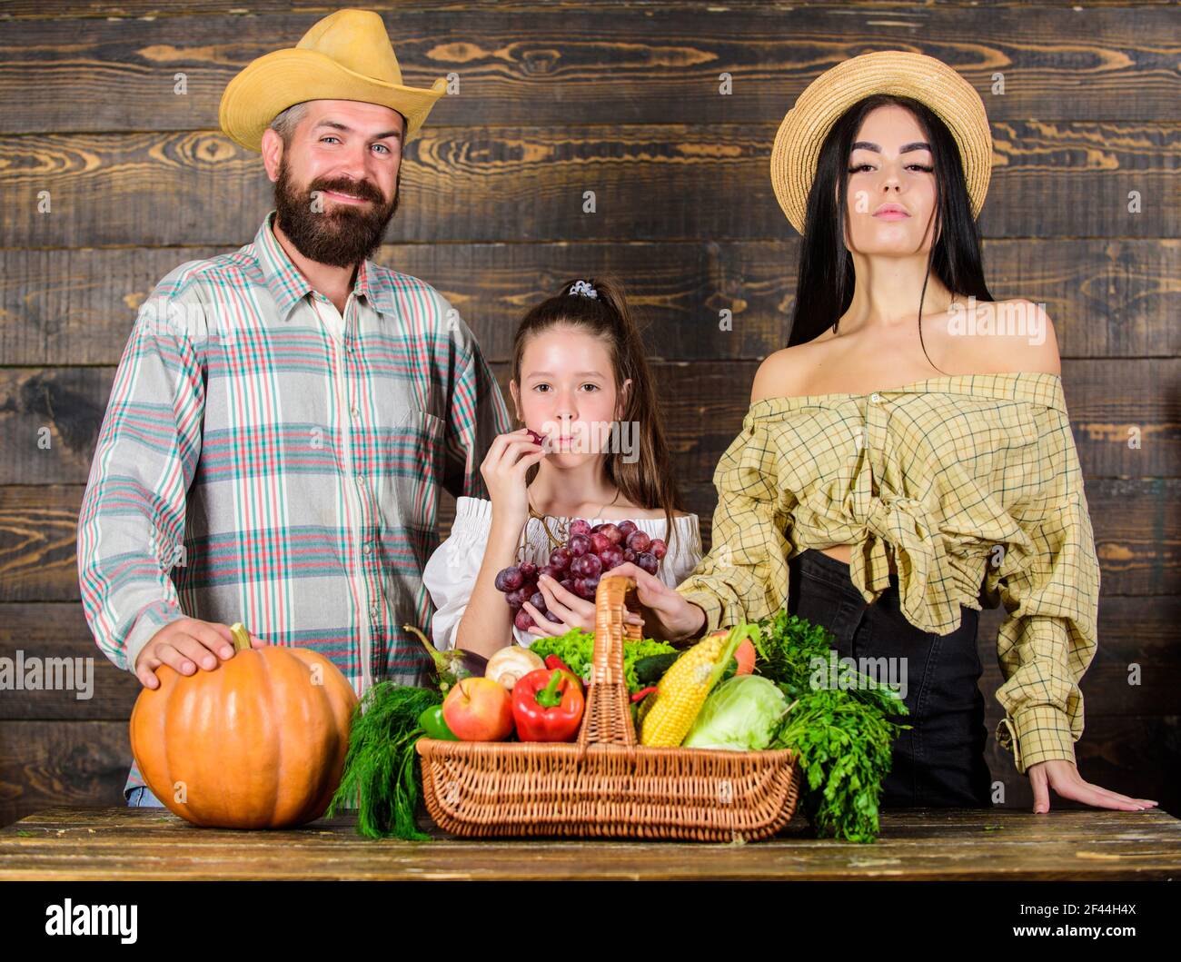 Family farmers with harvest wooden background. Parents and daughter ...