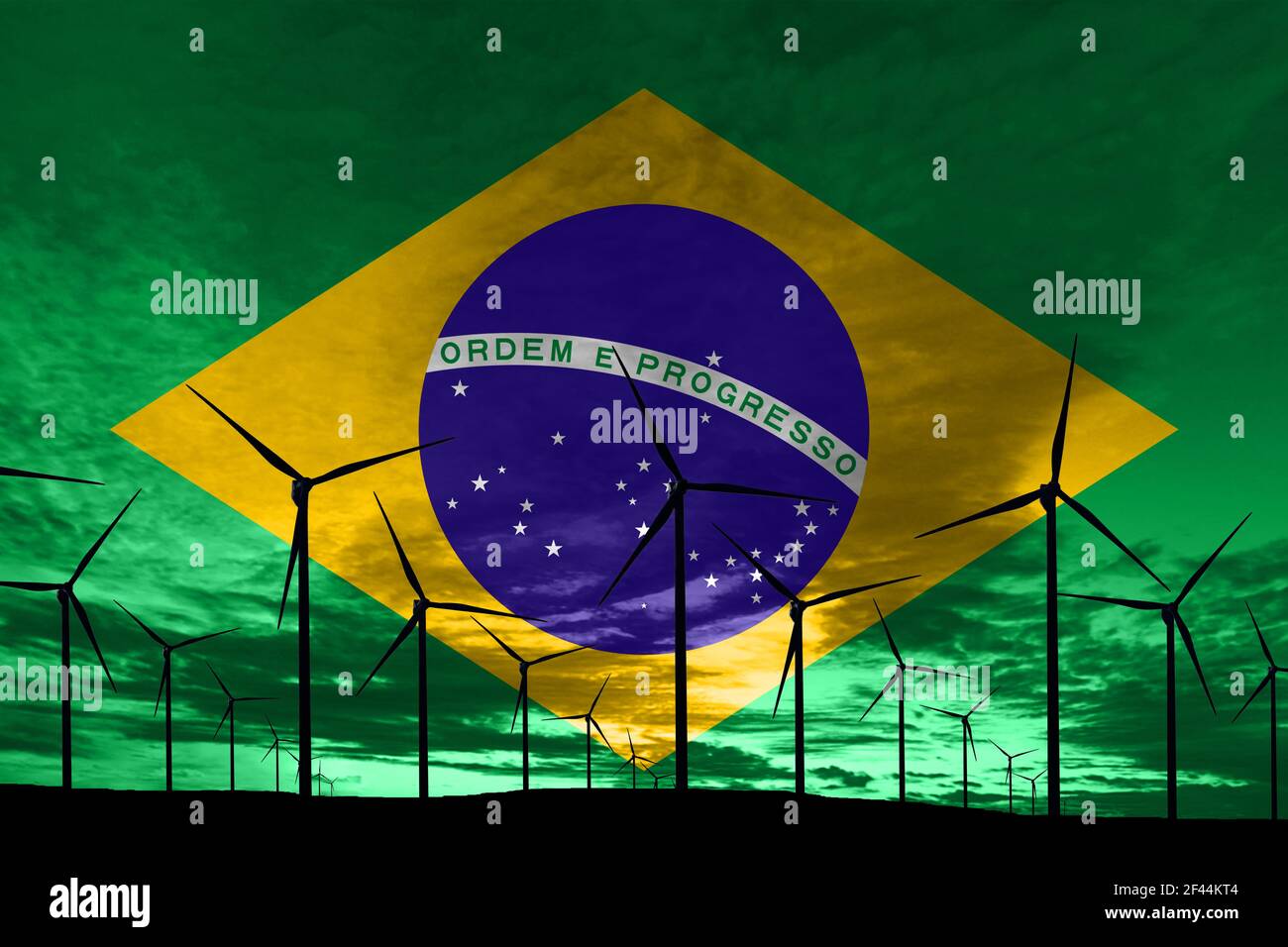 Brazil flag wind farm at sunset, sustainable development, renewable ...