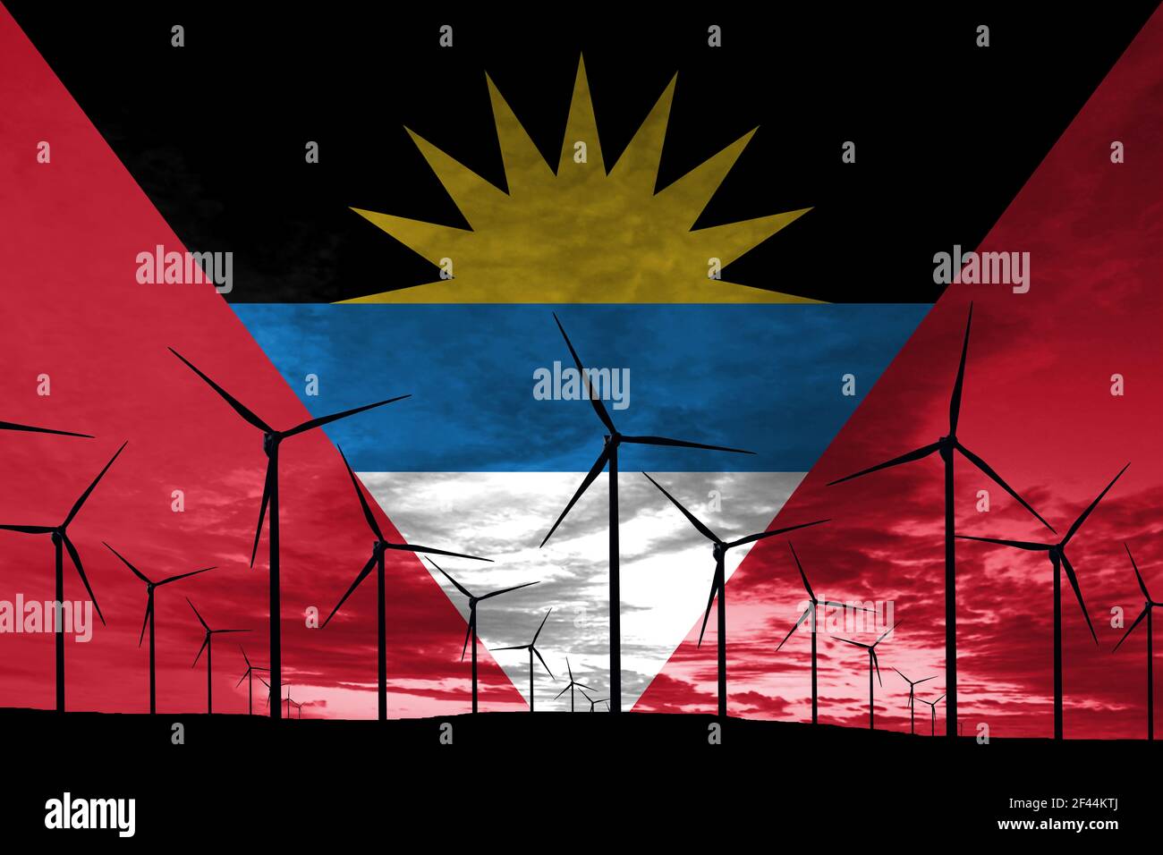 Antigua and Barbuda flag wind farm at sunset, sustainable development ...