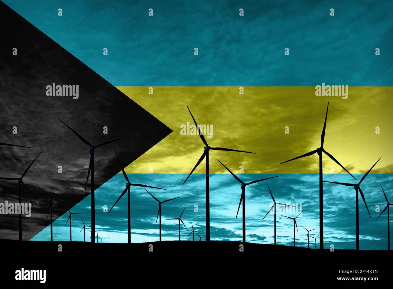 Bahamas flag wind farm at sunset, sustainable development, renewable ...