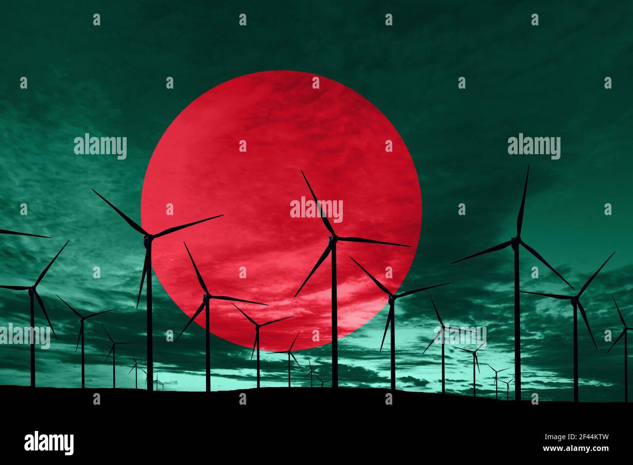 Bangladesh flag wind farm at sunset, sustainable development, renewable ...