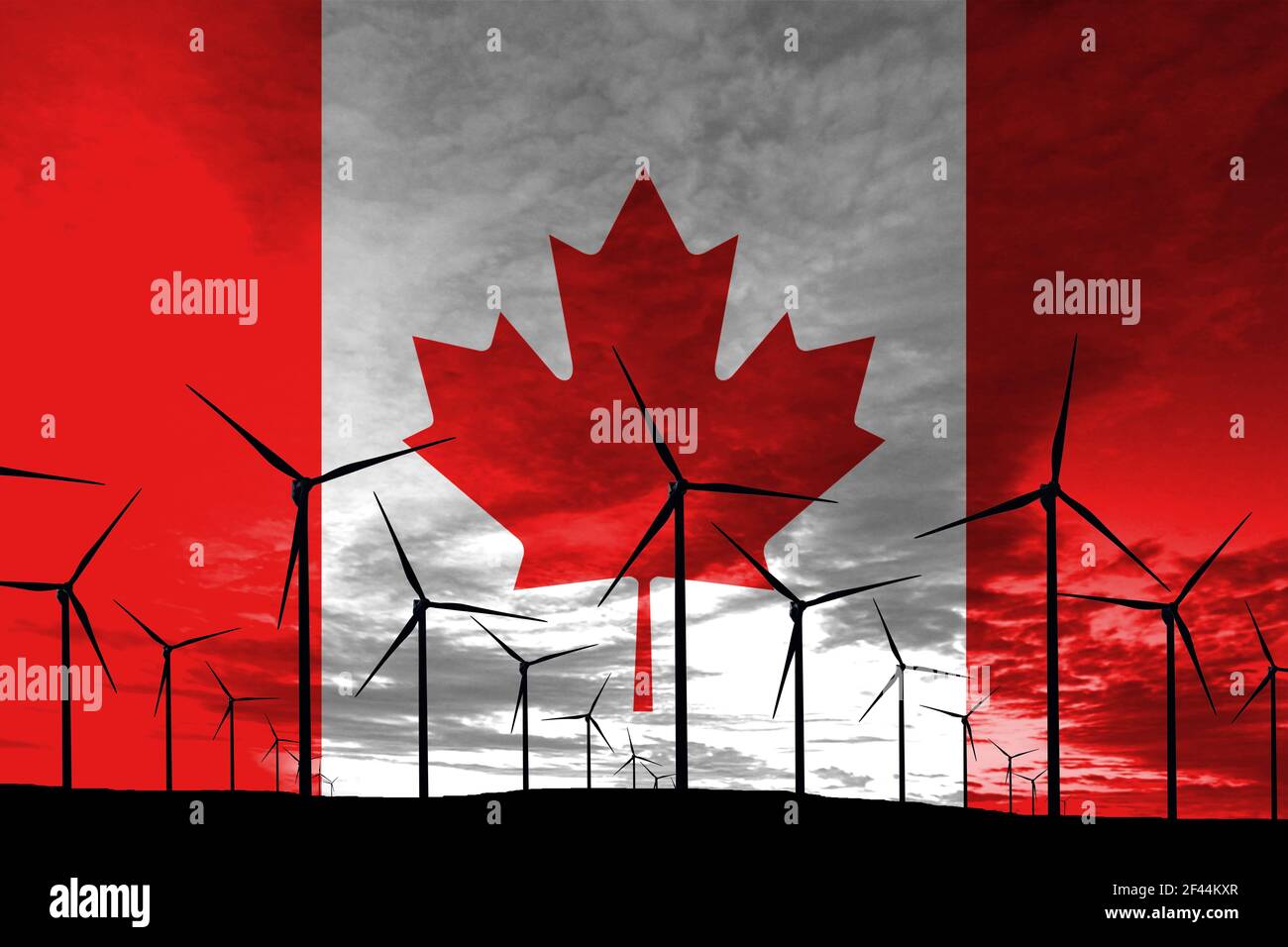 Canada flag wind farm at sunset, sustainable development, renewable ...