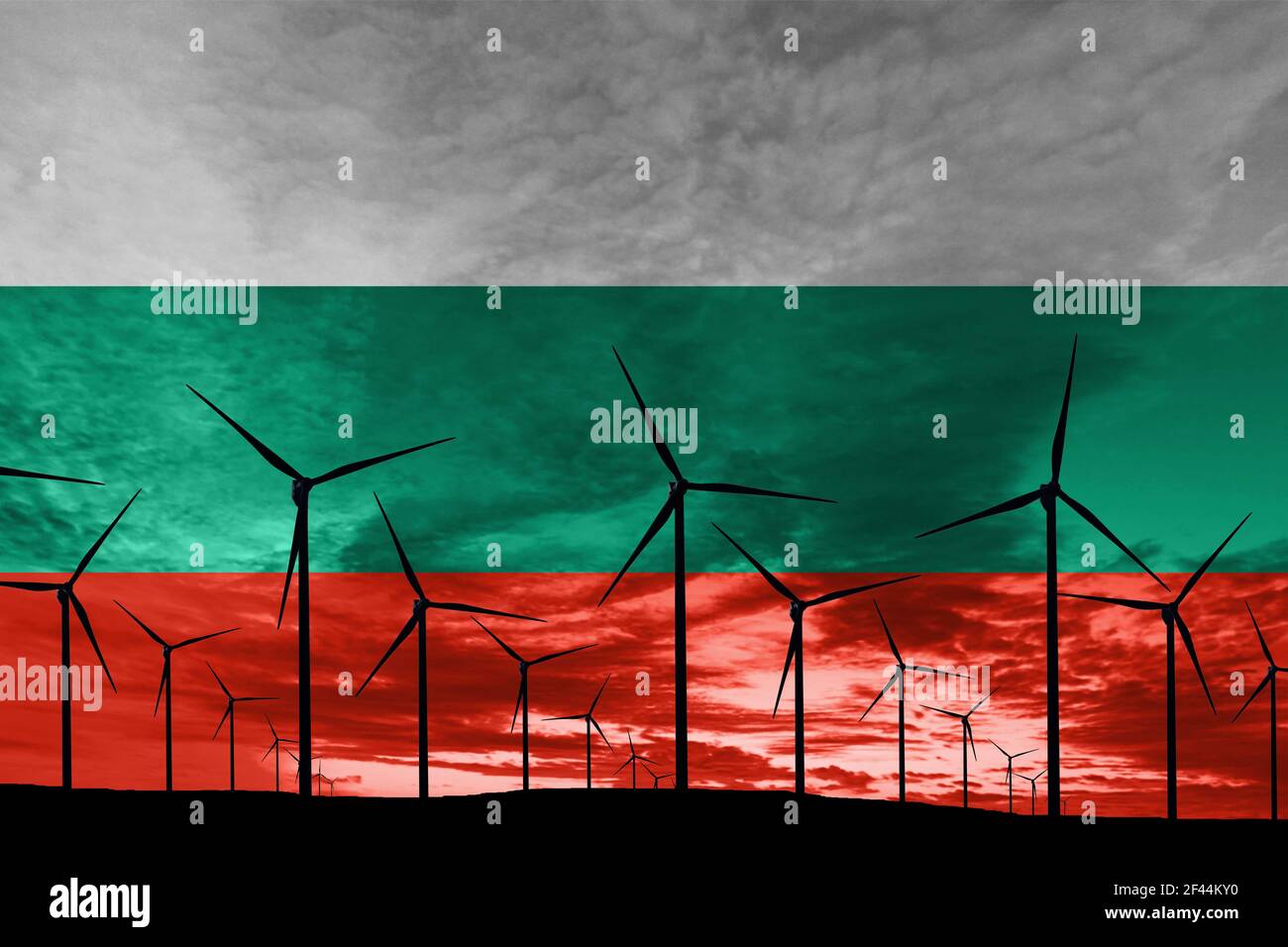 Bulgaria flag wind farm at sunset, sustainable development, renewable ...