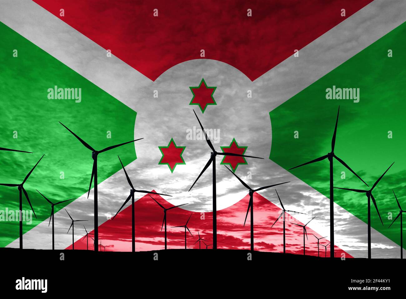Burundi flag wind farm at sunset, sustainable development, renewable ...
