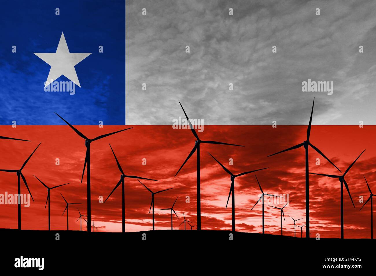 Chile flag wind farm at sunset, sustainable development, renewable ...