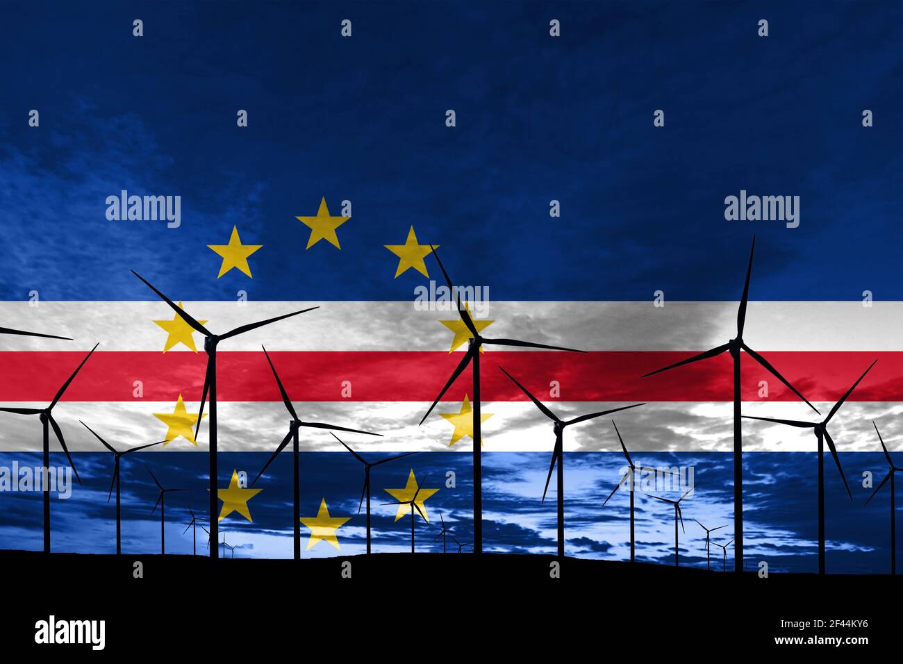 Cape Verde flag wind farm at sunset, sustainable development, renewable ...