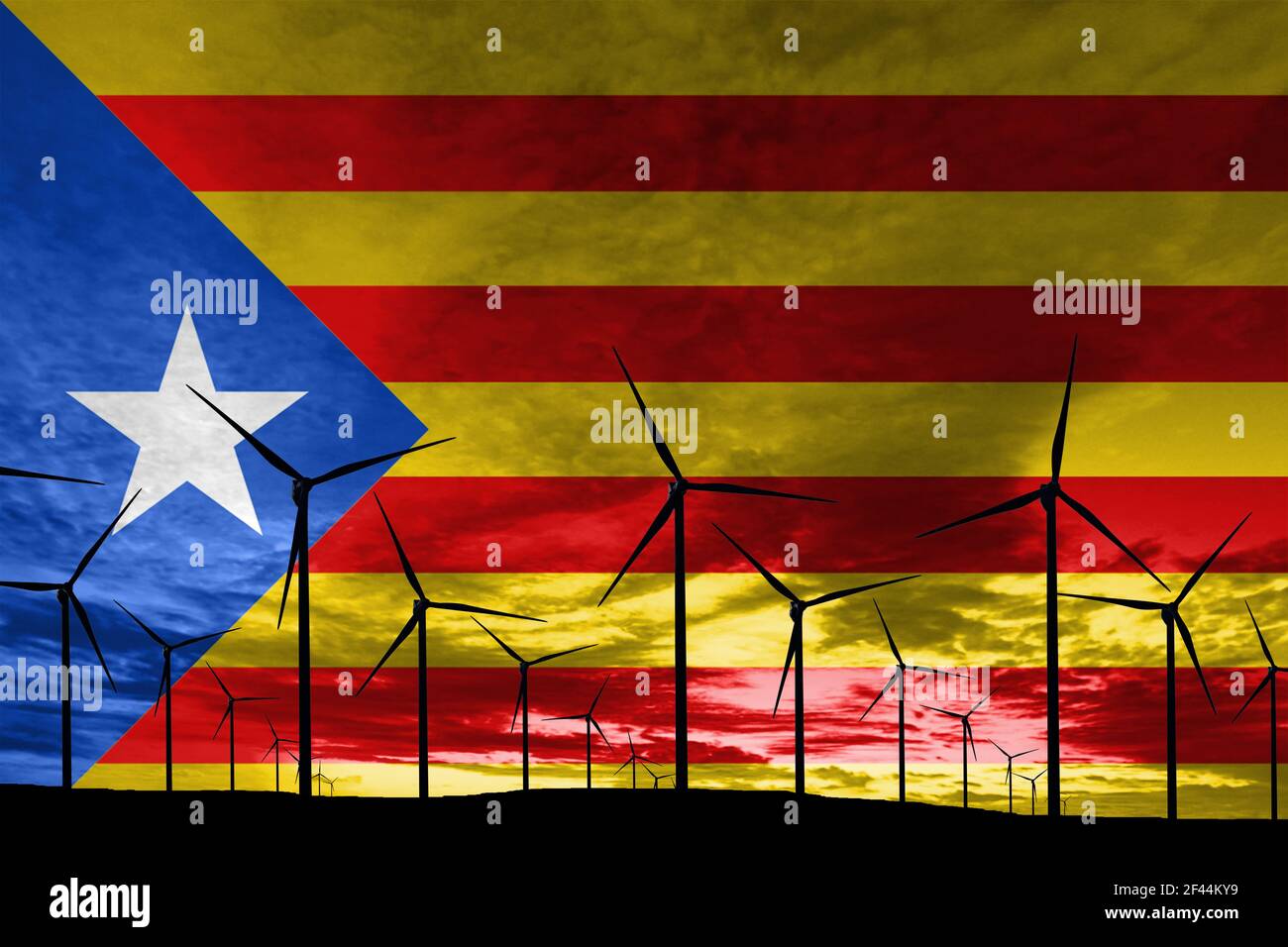 Catalonia flag wind farm at sunset, sustainable development, renewable ...