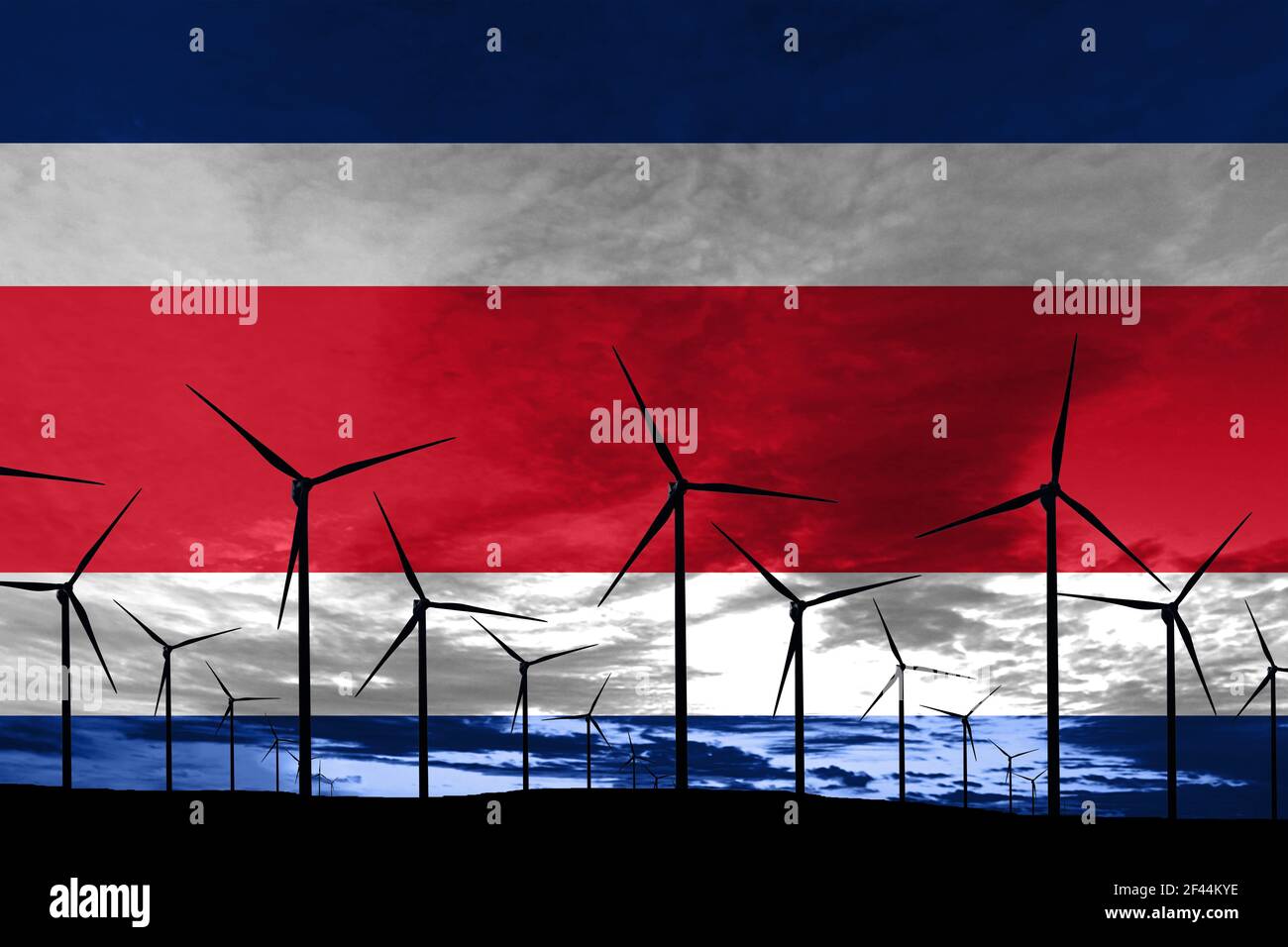 Costa Rica flag wind farm at sunset, sustainable development, renewable ...