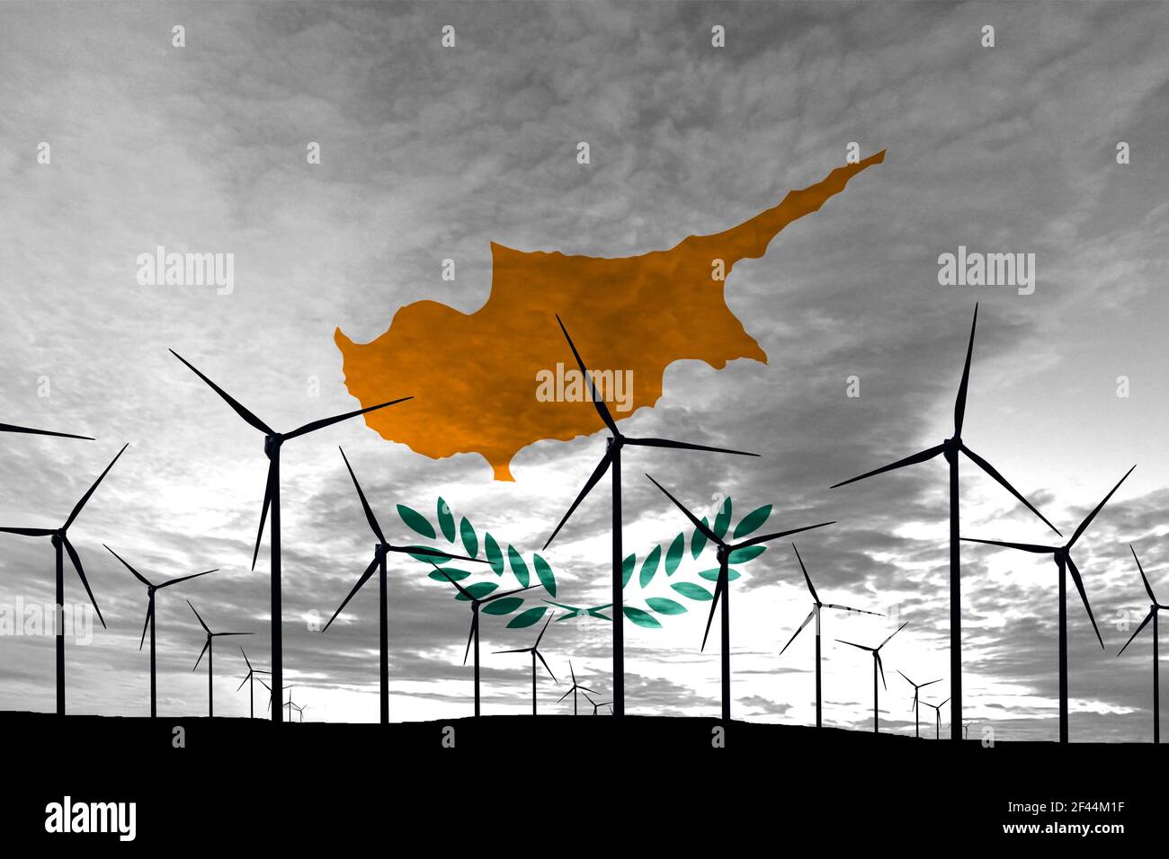 Cyprus flag wind farm at sunset, sustainable development, renewable ...