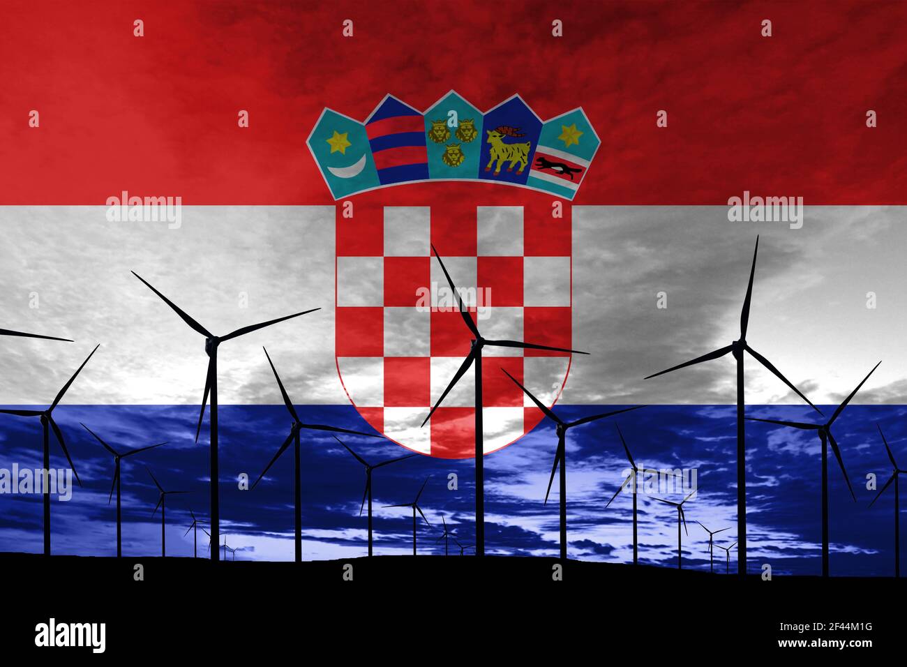 Croatia flag wind farm at sunset, sustainable development, renewable ...