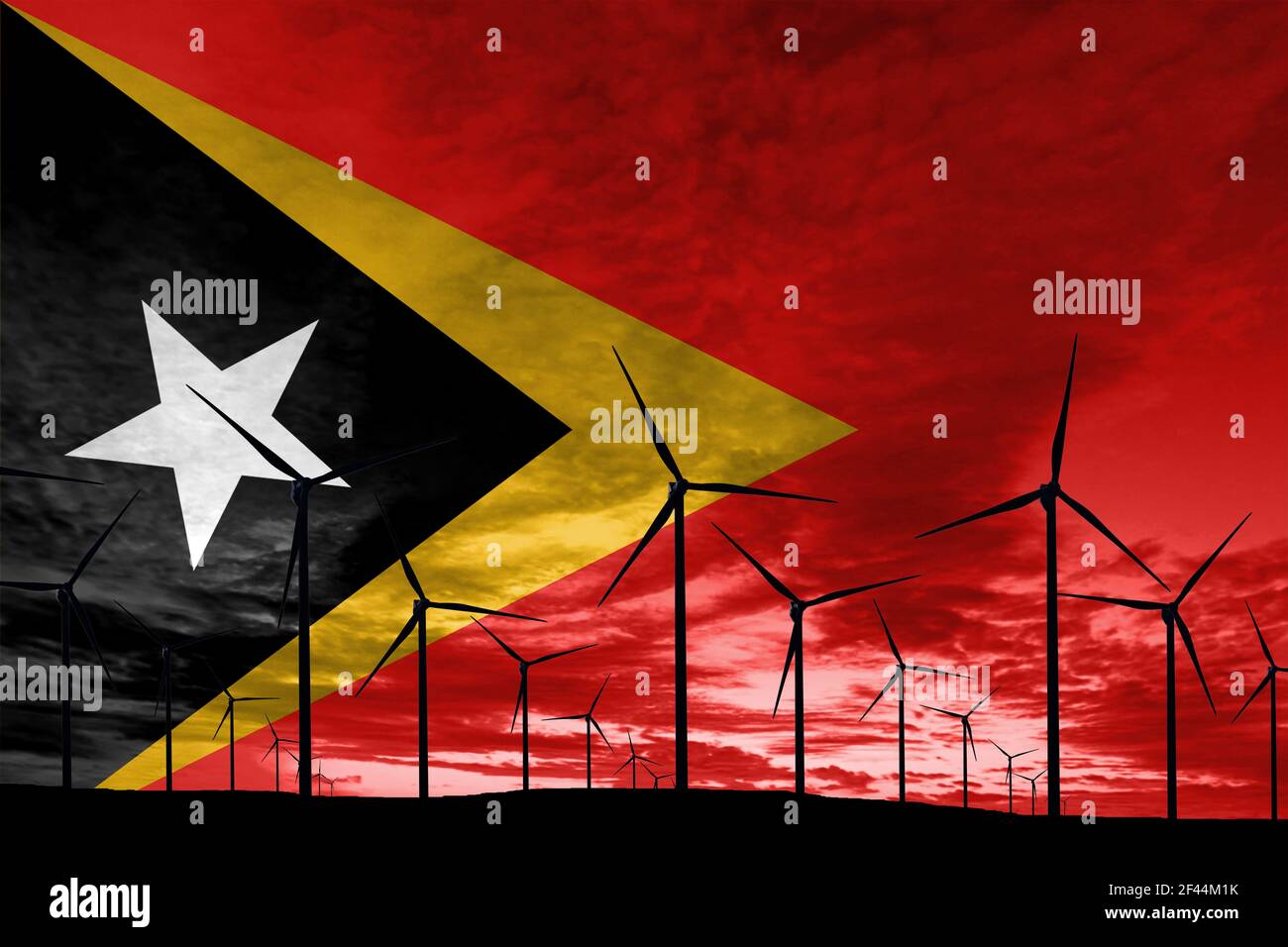East Timor flag wind farm at sunset, sustainable development, renewable ...