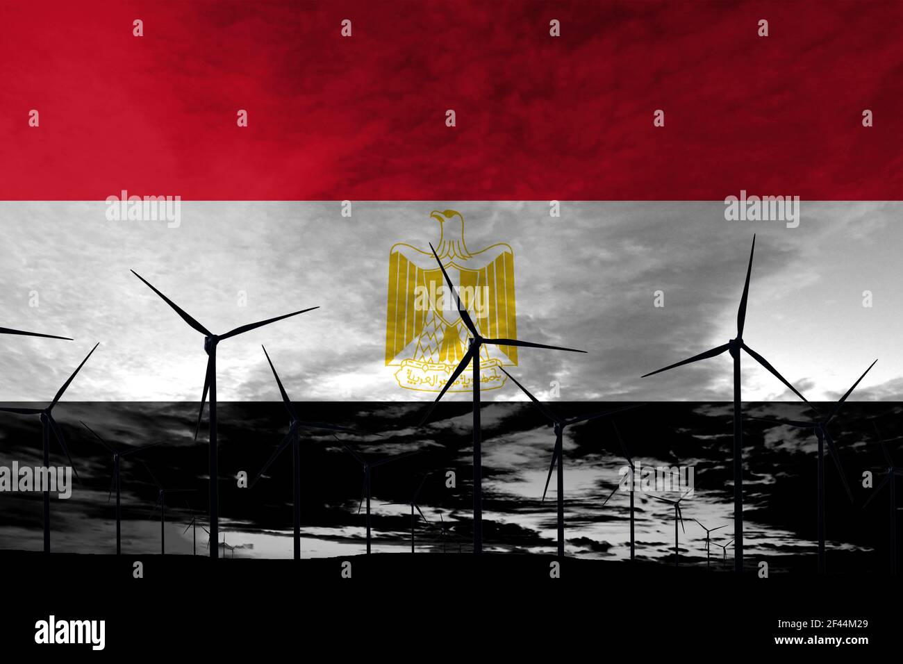 Egypt flag wind farm at sunset, sustainable development, renewable ...