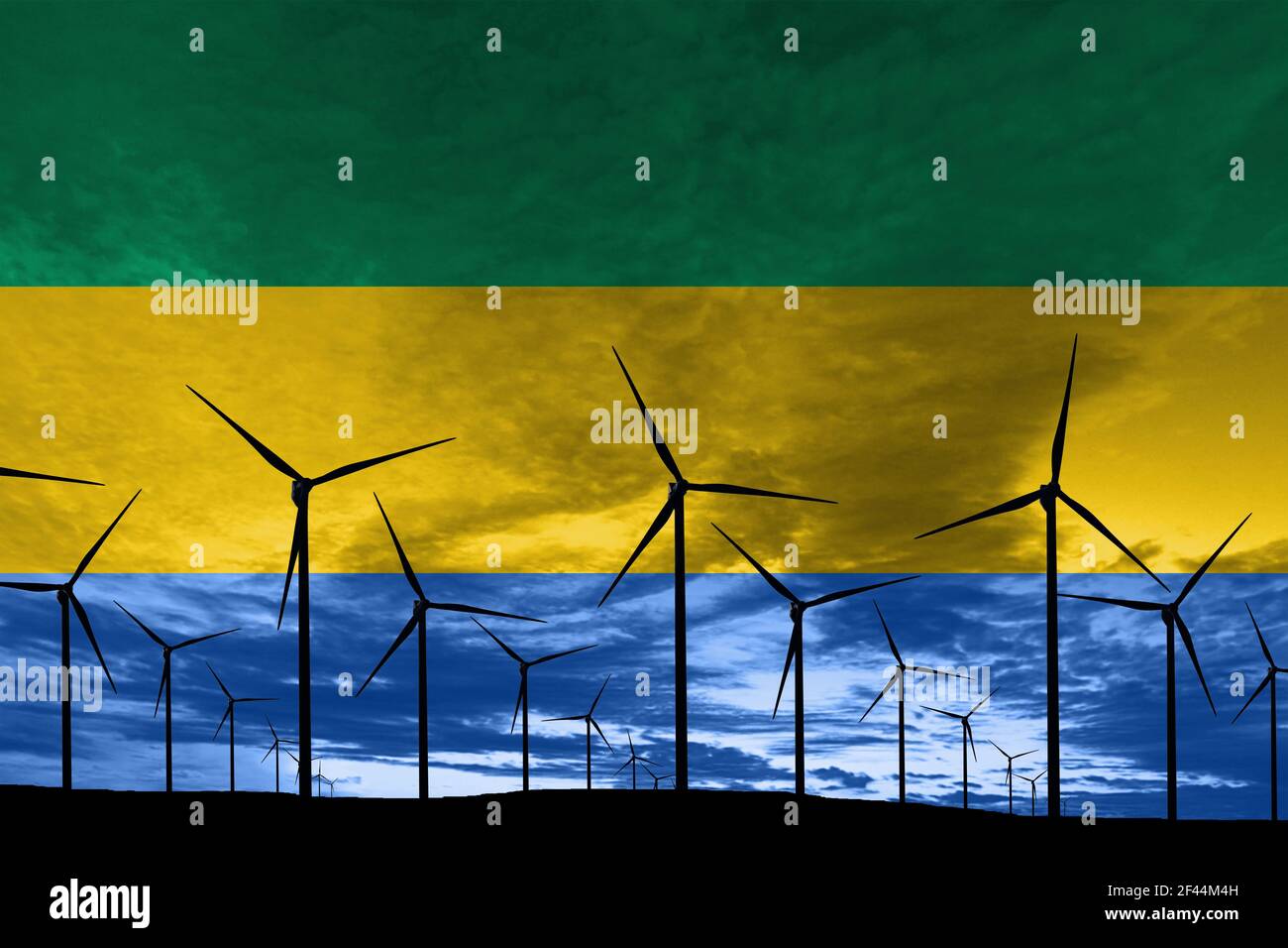 Gabon flag wind farm at sunset, sustainable development, renewable ...