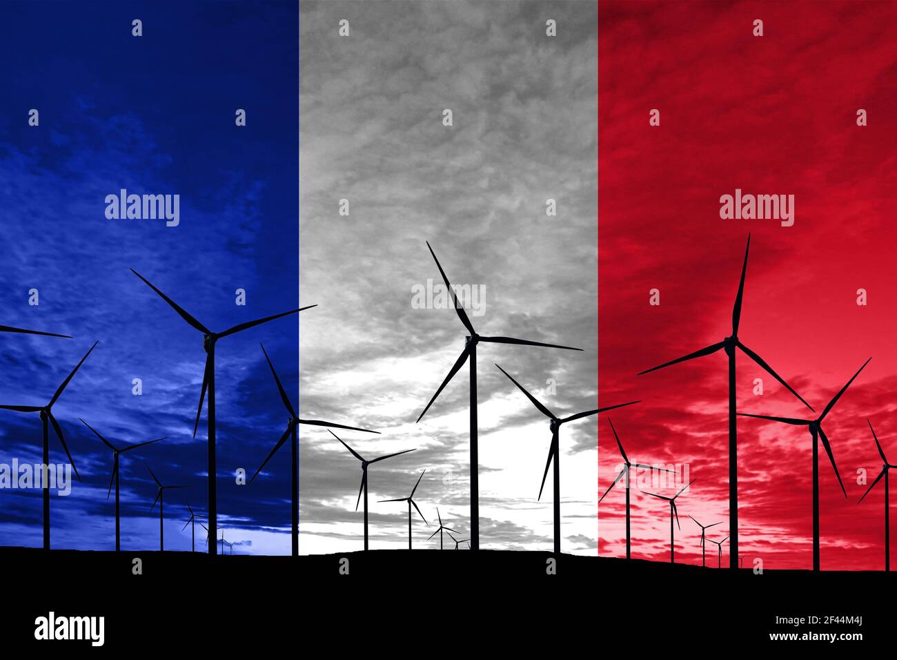 France flag wind farm at sunset, sustainable development, renewable ...