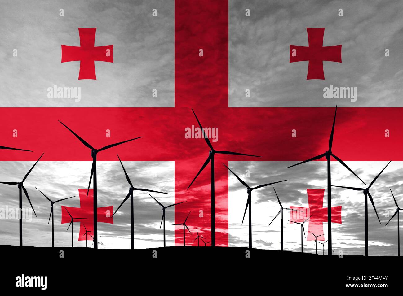Georgia flag wind farm at sunset, sustainable development, renewable ...