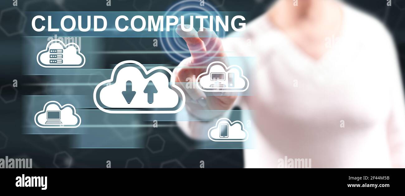 Woman touching a cloud computing concept on a touch screen with her ...