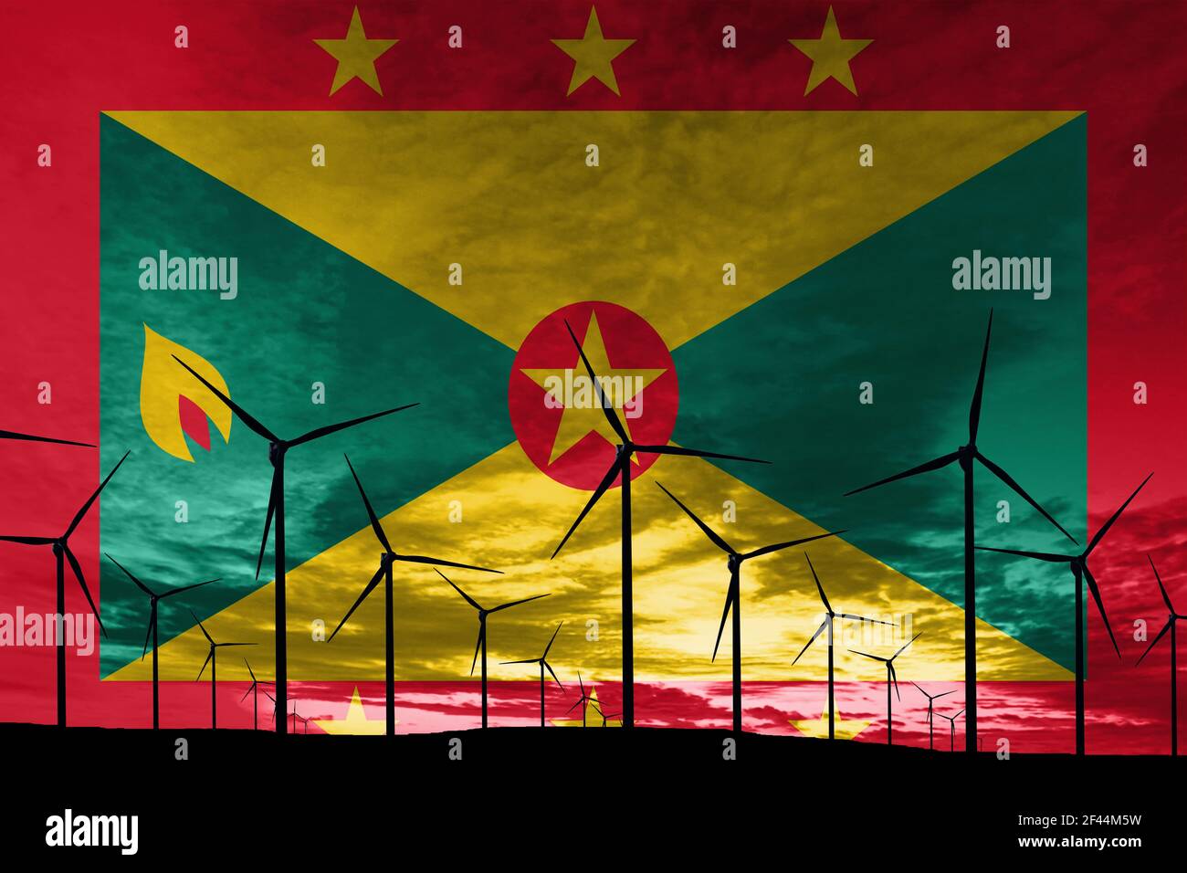 Grenada flag wind farm at sunset, sustainable development, renewable ...
