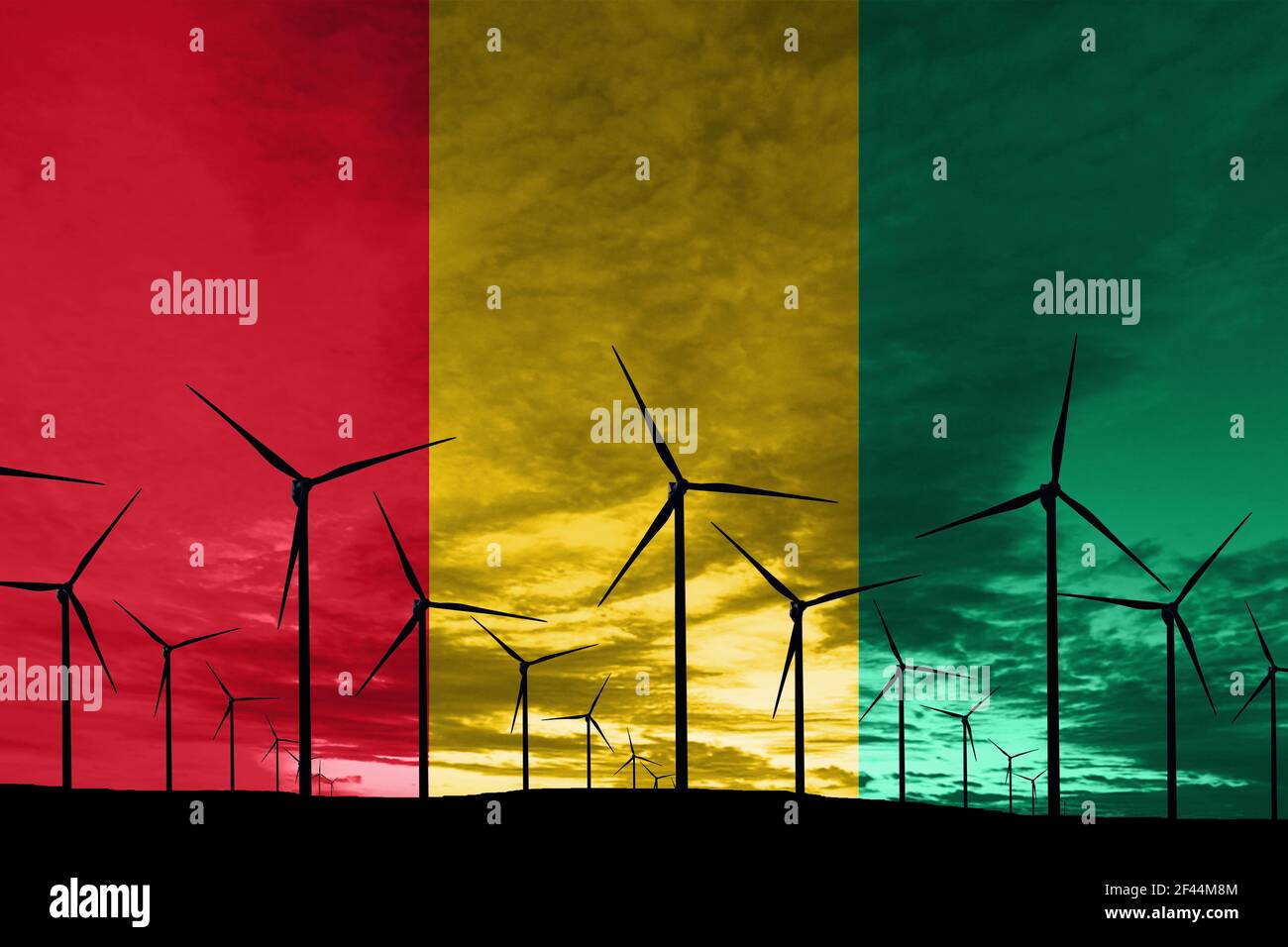 Guinea flag wind farm at sunset, sustainable development, renewable ...