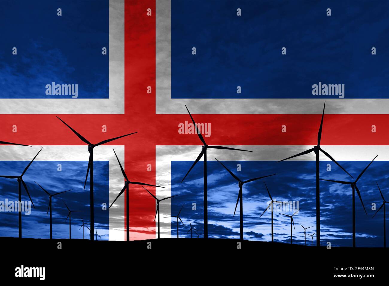 Iceland flag wind farm at sunset, sustainable development, renewable ...