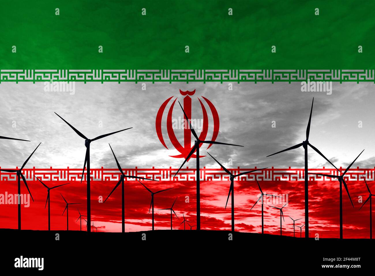 Iran flag wind farm at sunset, sustainable development, renewable ...
