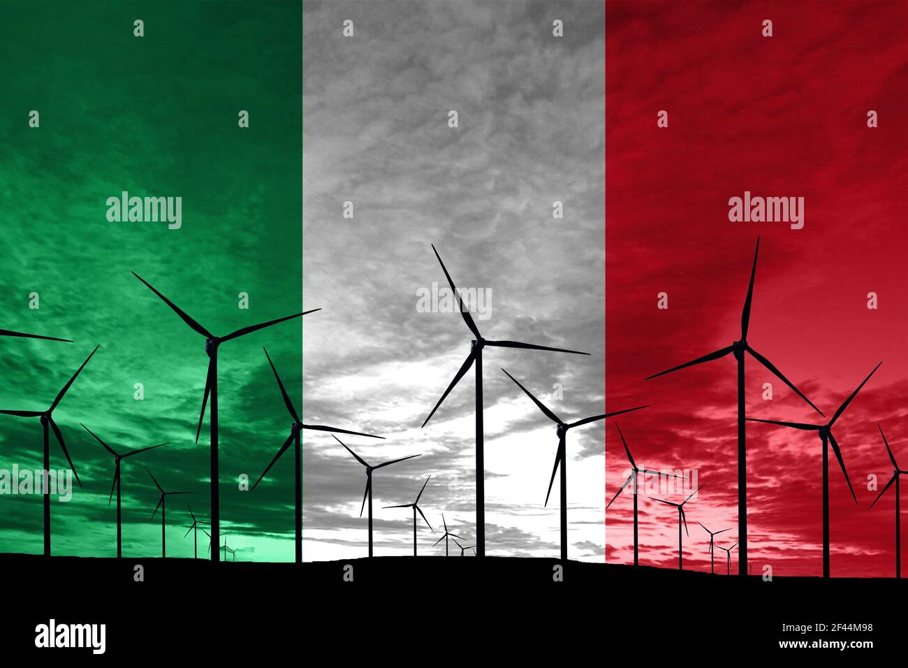 Italy flag wind farm at sunset, sustainable development, renewable ...