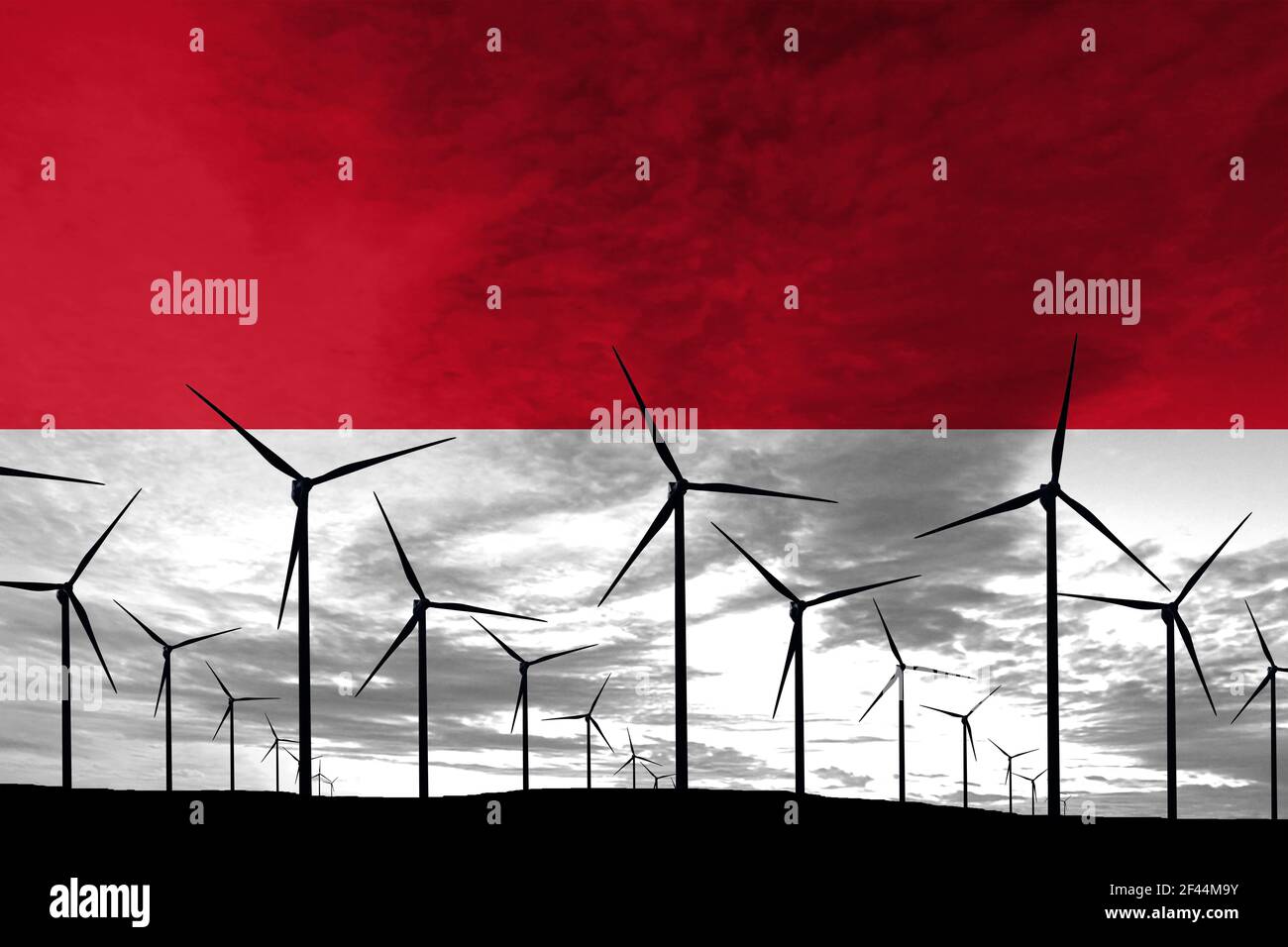 Indonesia flag wind farm at sunset, sustainable development, renewable ...
