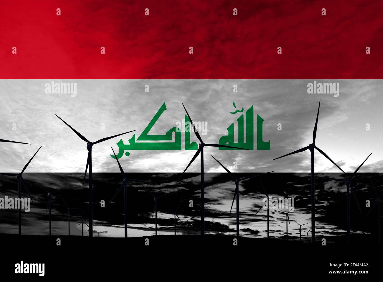 Iraq flag wind farm at sunset, sustainable development, renewable ...