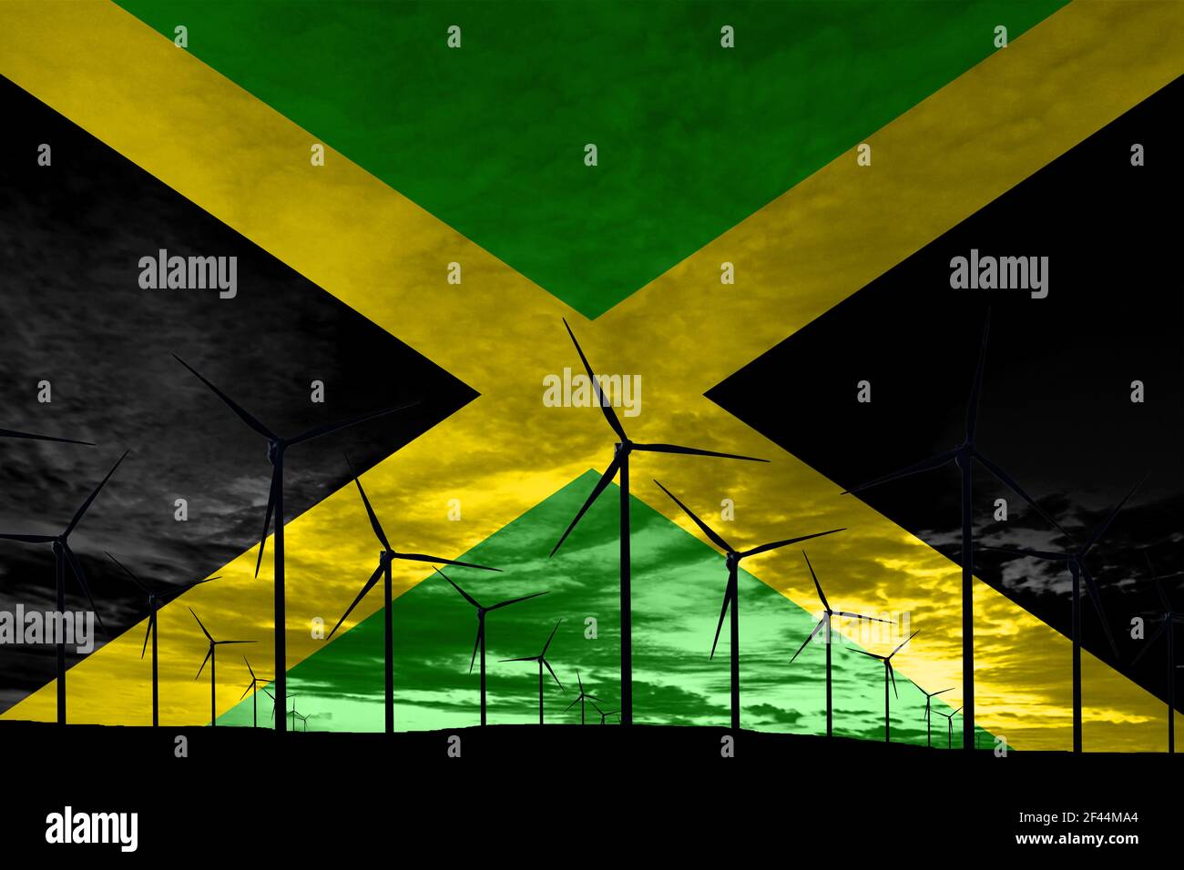 Jamaica flag wind farm at sunset, sustainable development, renewable ...
