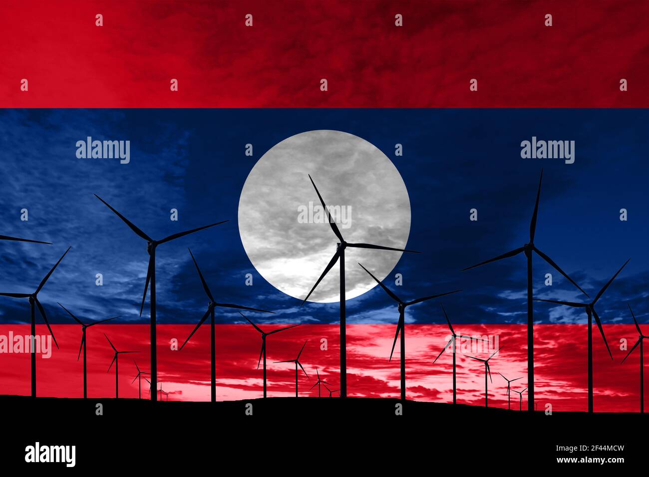 Laos flag wind farm at sunset, sustainable development, renewable ...