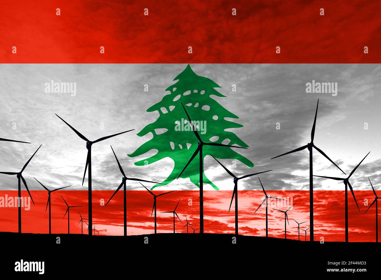 Lebanon flag wind farm at sunset, sustainable development, renewable ...