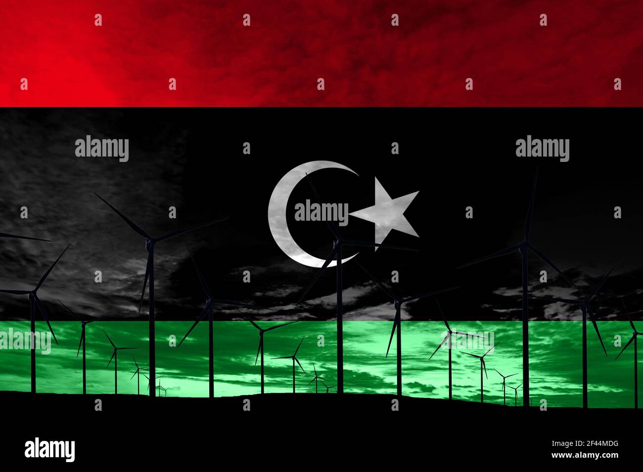 Libya flag wind farm at sunset, sustainable development, renewable ...