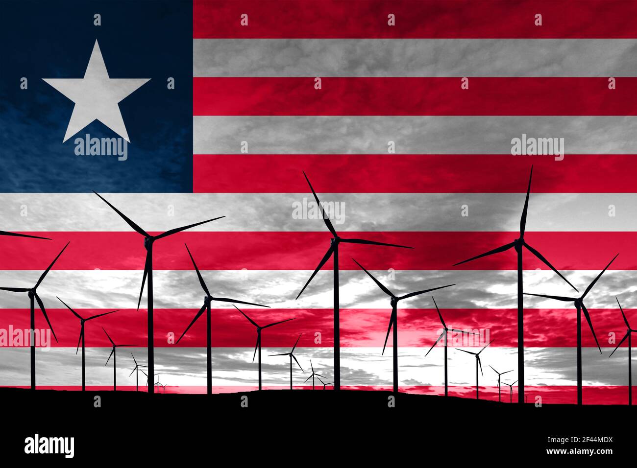 Liberia flag wind farm at sunset, sustainable development, renewable ...