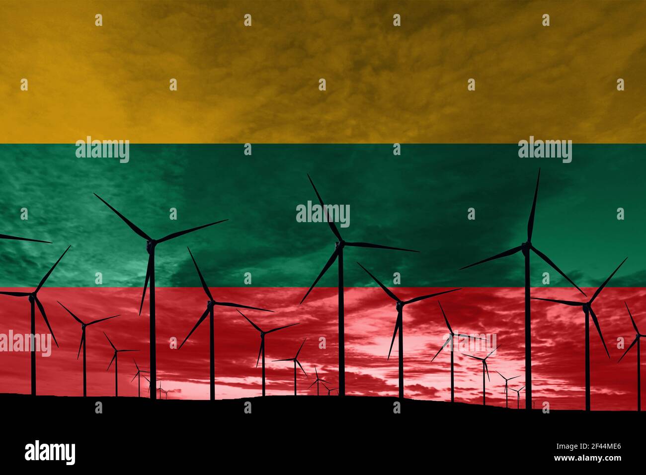 Lithuania flag wind farm at sunset, sustainable development, renewable ...