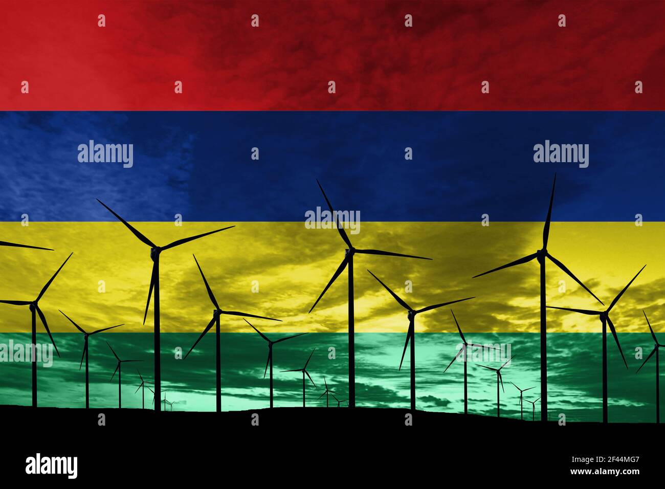 Mauritius flag wind farm at sunset, sustainable development, renewable ...