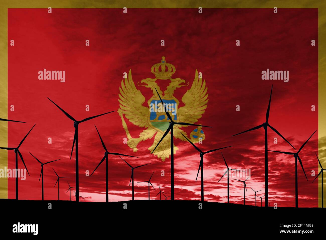 Montenegro flag wind farm at sunset, sustainable development, renewable ...