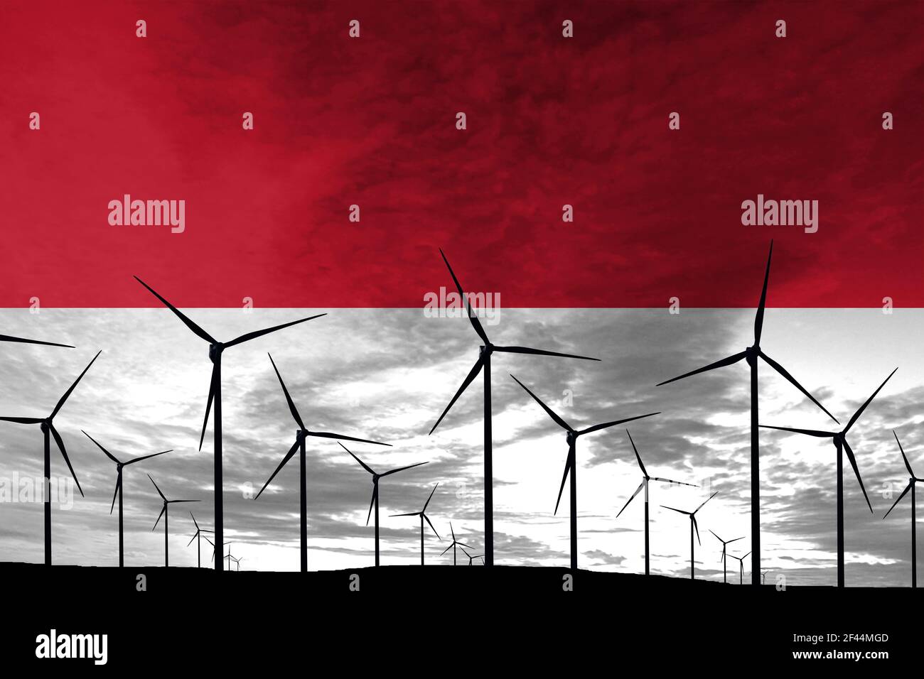 Monaco flag wind farm at sunset, sustainable development, renewable ...