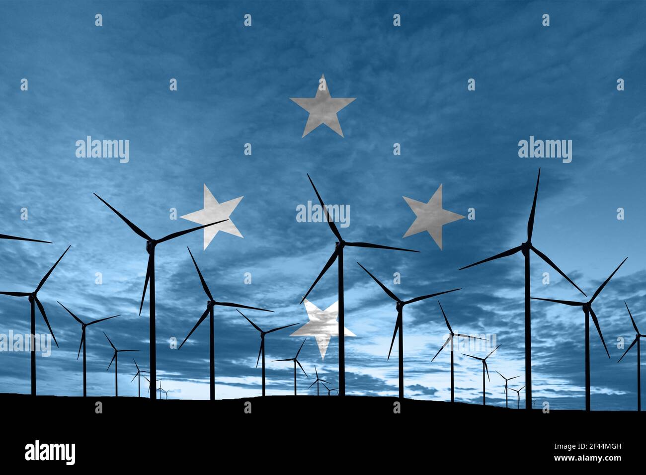 Micronesia flag wind farm at sunset, sustainable development, renewable ...