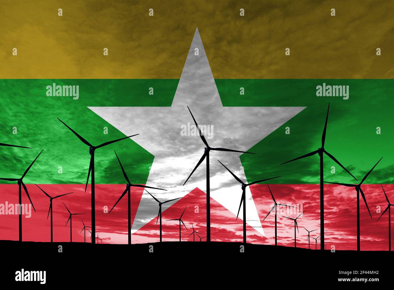 Myanmar flag wind farm at sunset, sustainable development, renewable ...