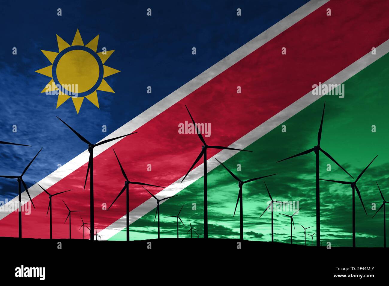 Namibia flag wind farm at sunset, sustainable development, renewable ...
