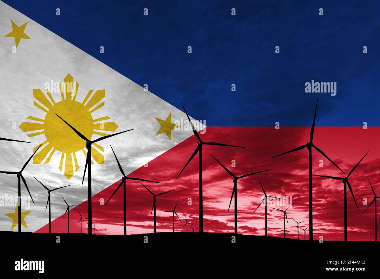 Philippines flag wind farm at sunset, sustainable development ...