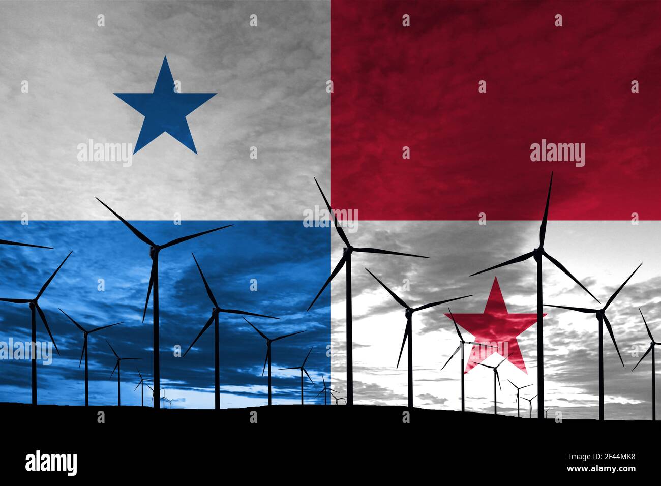 Panama flag wind farm at sunset, sustainable development, renewable ...