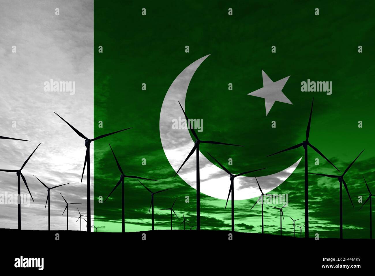 Pakistan flag wind farm at sunset, sustainable development, renewable ...