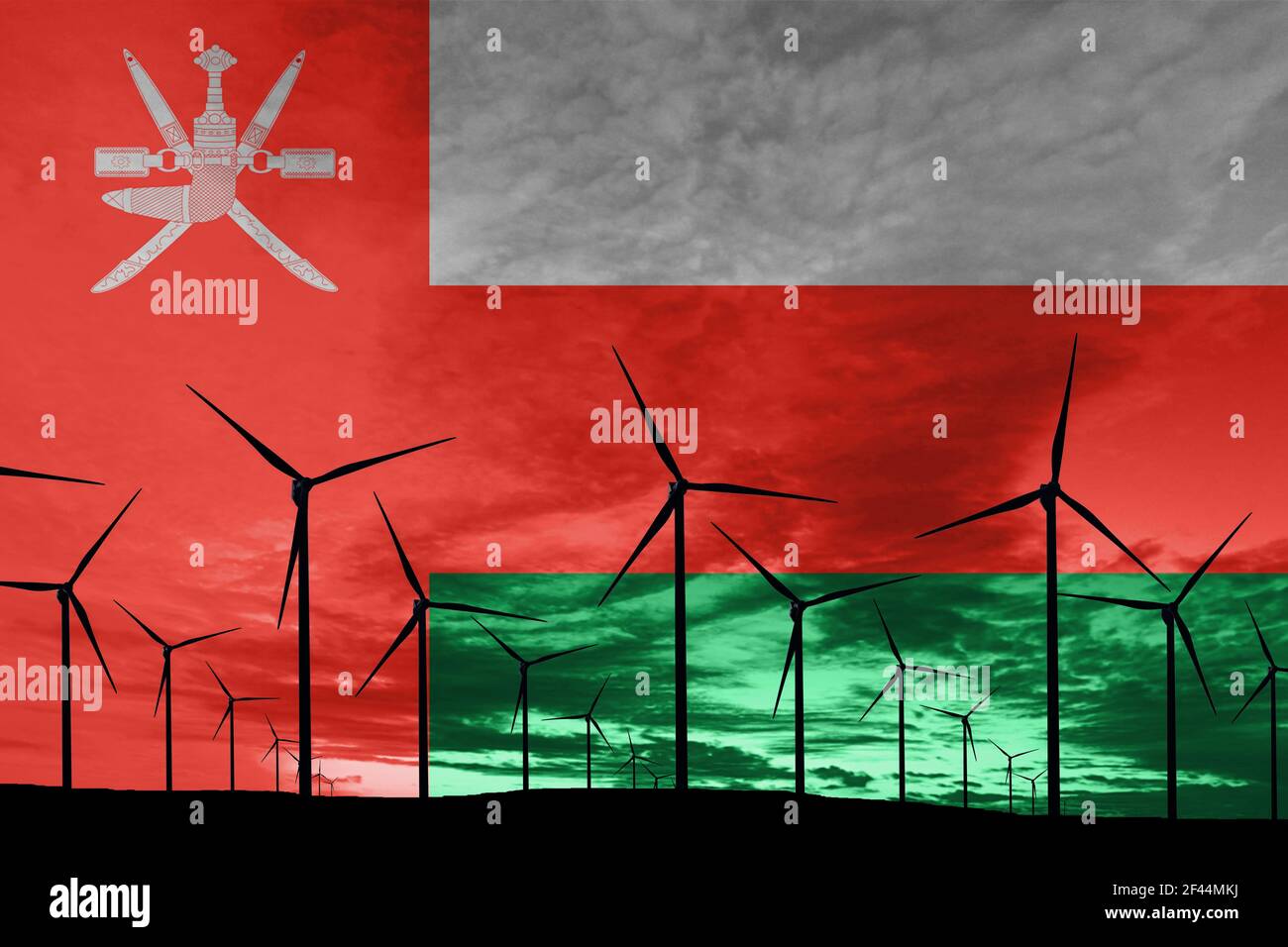 Oman flag wind farm at sunset, sustainable development, renewable ...