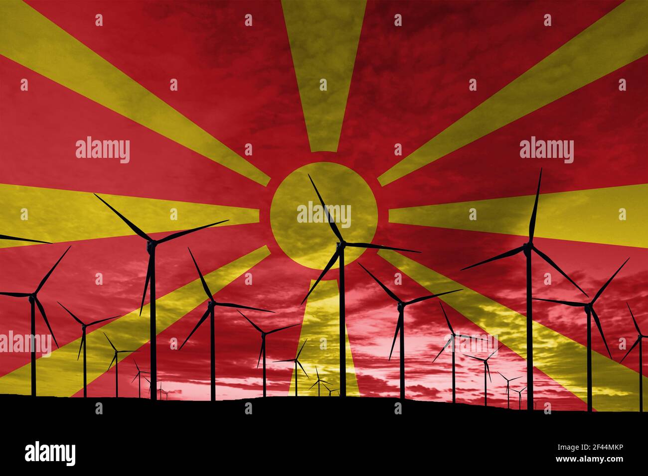 North Macedonia flag wind farm at sunset, sustainable development ...