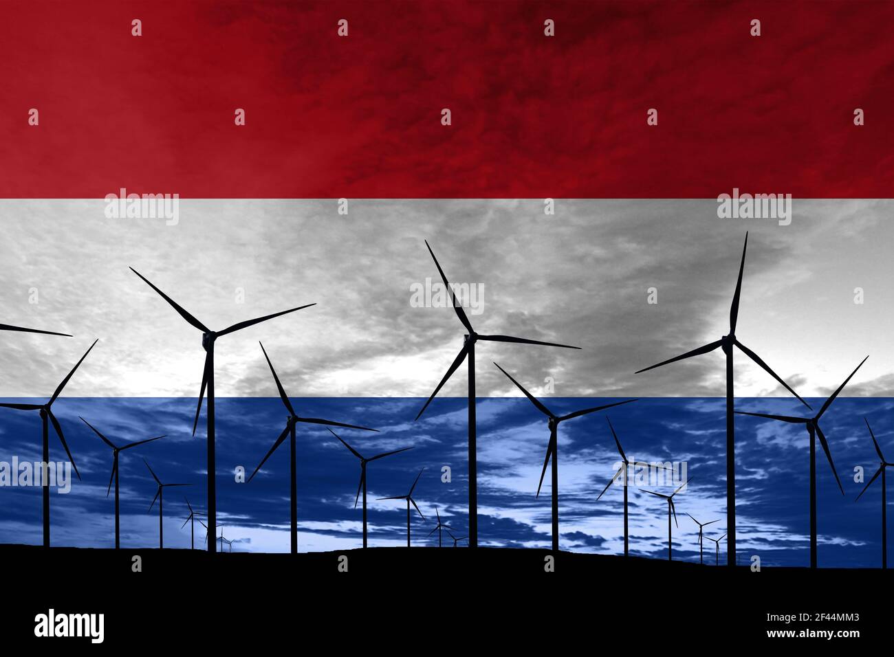 Netherlands flag wind farm at sunset, sustainable development ...